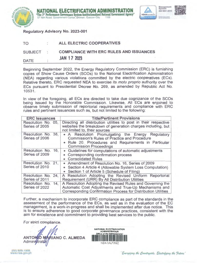 Regulatory Advisory No 2023 001 Compliance With Erc Rules And