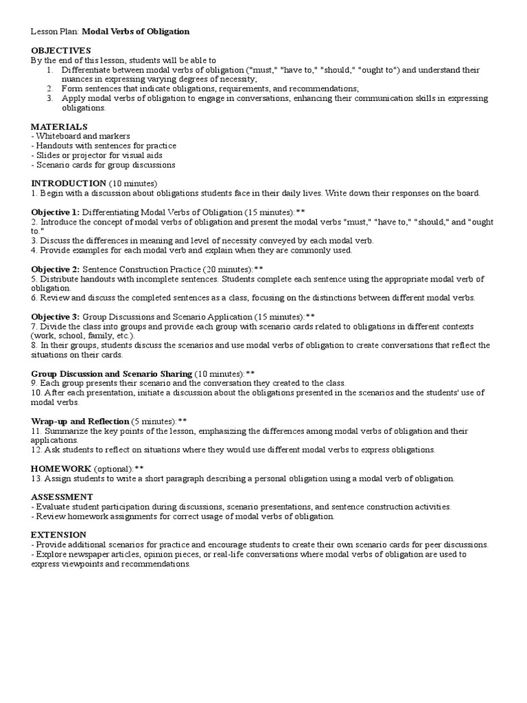 LESSON PLAN Modal Verbs of Obligation | PDF | Verb | Communication LESSON PLAN Modal Verbs of Obligation | PDF | Verb | Communication