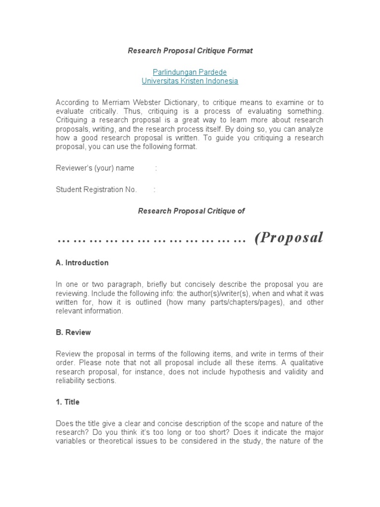 Research Proposal Critique Format | PDF | Hypothesis | Methodology