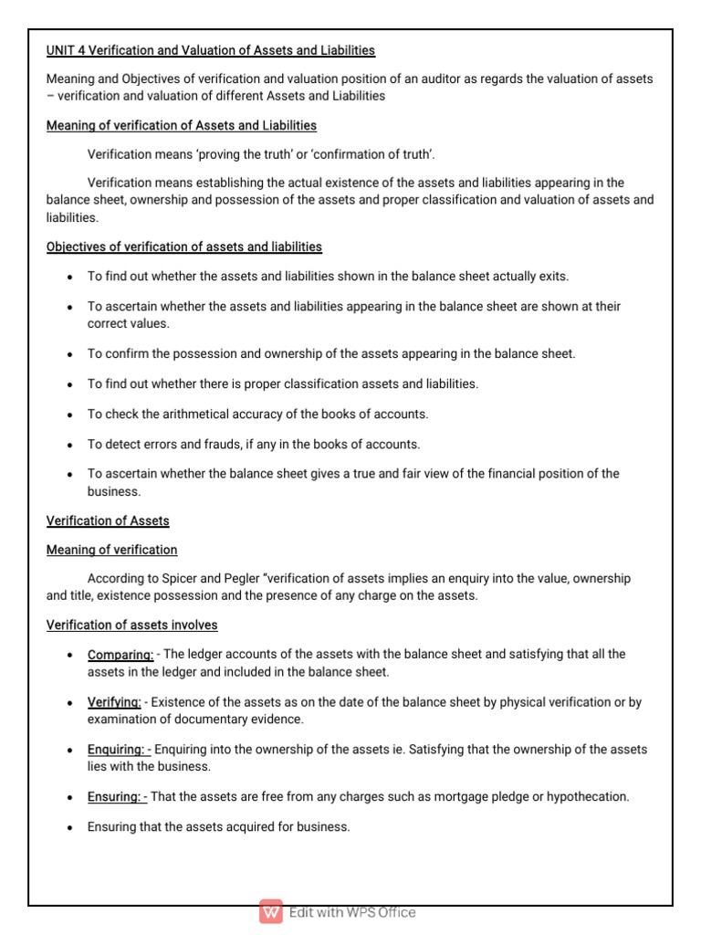 Unit 4 Verification and Valuation of Assets and Liabilites | PDF Unit 4 Verification and Valuation of Assets and Liabilites | PDF