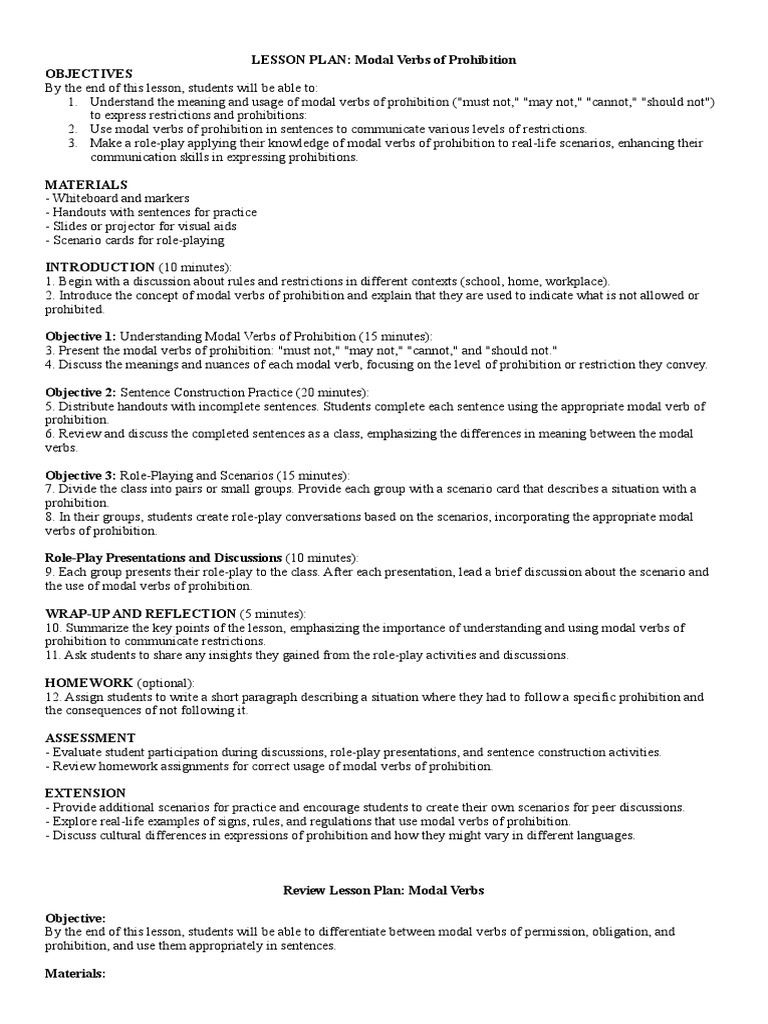 LESSON PLAN Modal Verbs of Prohibition | PDF | Verb | Lesson Plan LESSON PLAN Modal Verbs of Prohibition | PDF | Verb | Lesson Plan