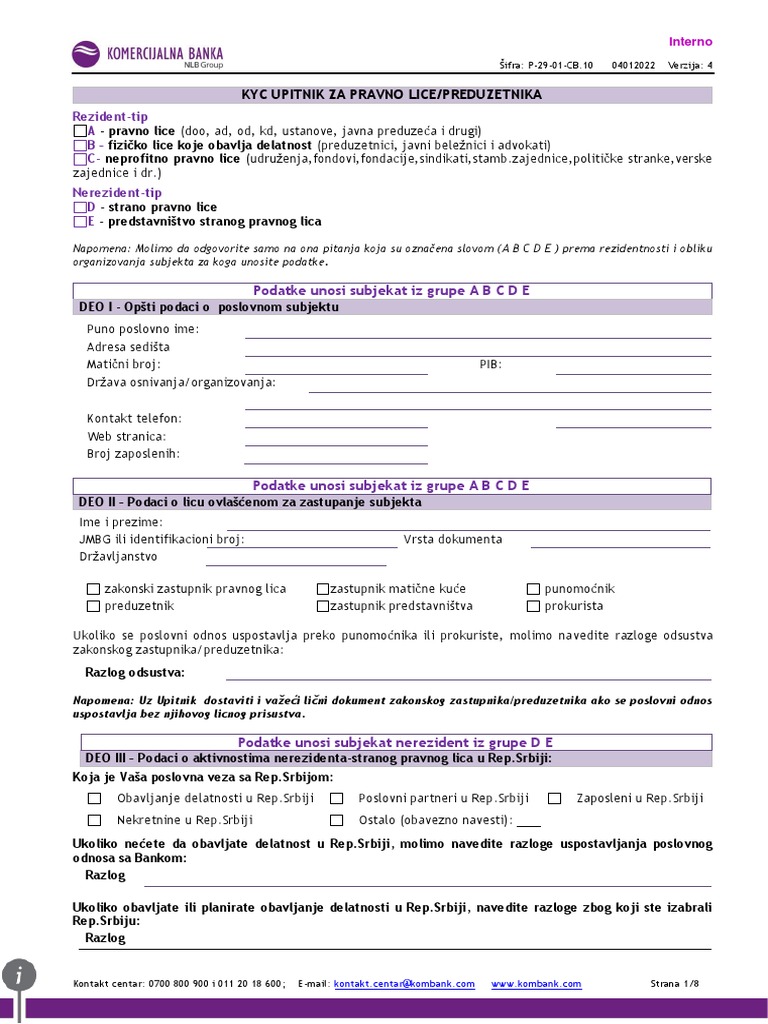 P-29-01-CB.10 KYC Upitnik Za Pravno Lice - Preduzetnika | PDF