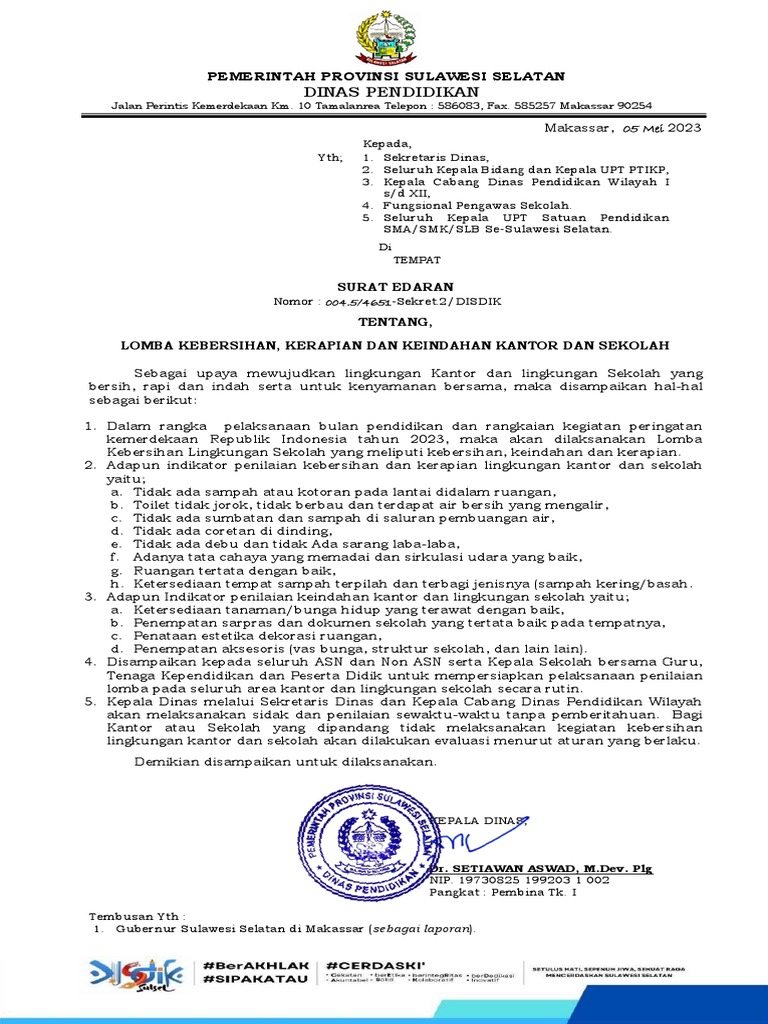 SURAT EDARAN LOMBA KEBERSIHAN SEKOLAH DAN KANTOR | PDF