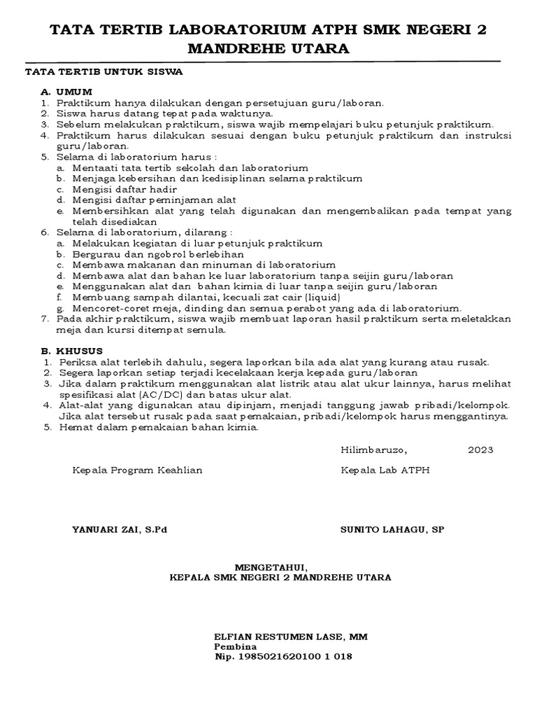 Tata Tertib Laboratorium Atph SMK Negeri 2 Mandrehe Utara | PDF