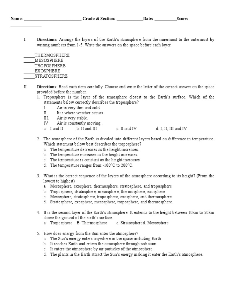 Quiz Sheet | PDF | Atmosphere Of Earth | Atmosphere