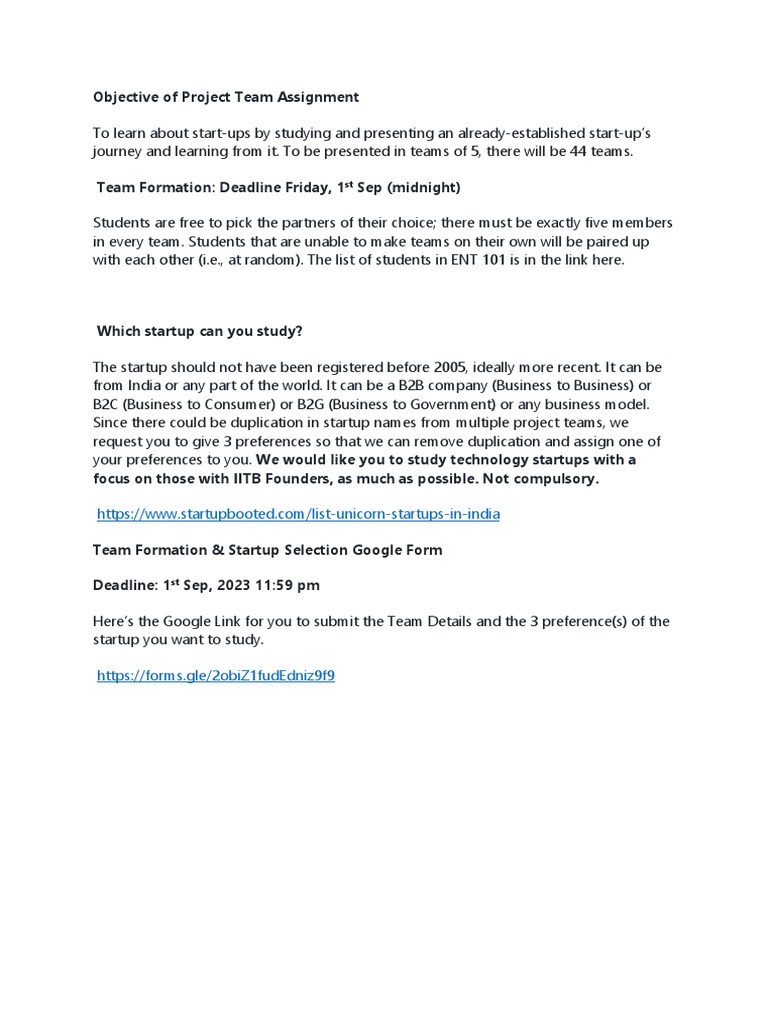 ENT101 Project Team Assignment Details Aut 2023 | Download Free PDF ...