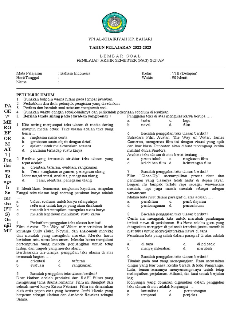 Soal Bindo Pat 8 Genap Hari Tri | PDF