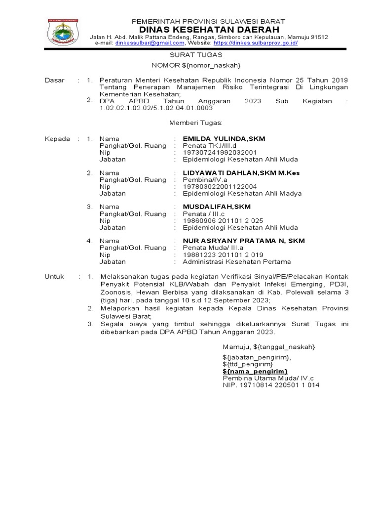 TEMPLATE SURAT TUGAS Verifikasi SinyalPEPelacakan Kontak Penyakit Potensial KLBWabah POLMAN | PDF