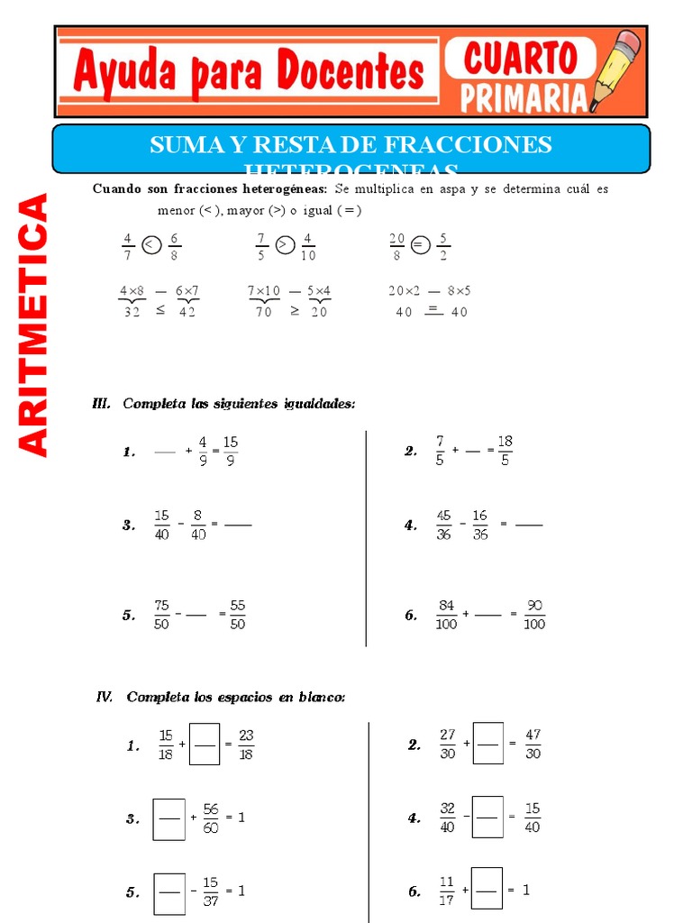 Fichas de Fracciones Heterogenias de Suma y Resta para Cuarto de ...
