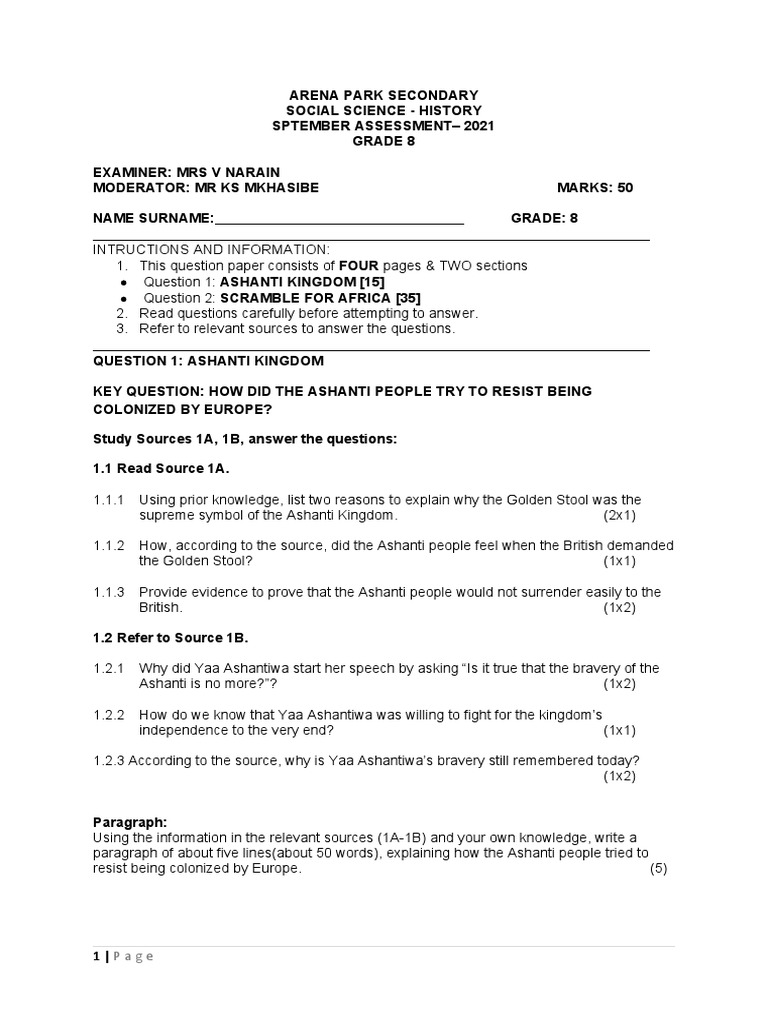 Grade 8 History: Ashanti Resistance Exam | PDF