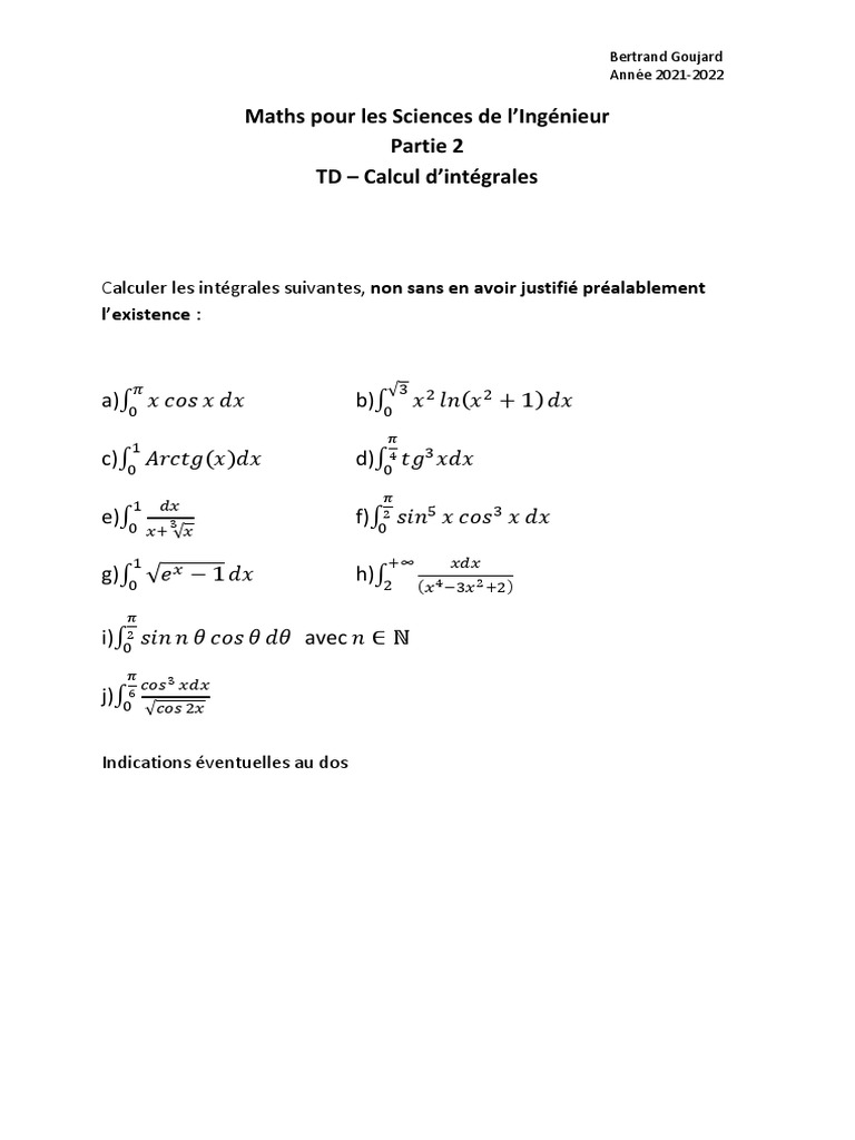 TD : Calcul d'Intégrales MPSI 2 | PDF | Intégral | Concepts mathématiques