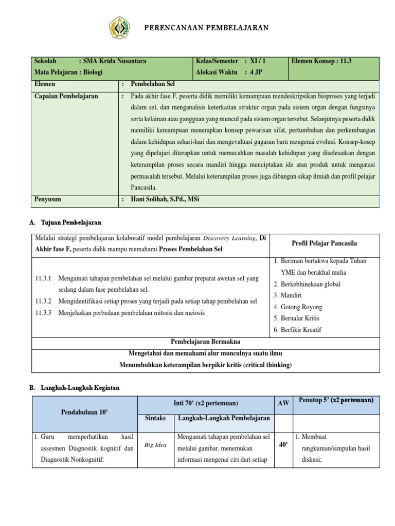 MODUL AJAR 11.3 Pembelahan Sel | PDF | Karier & Perkembangan