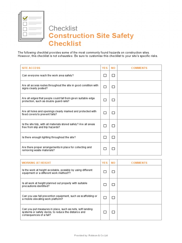 Construction Site Safety Checklist | PDF | Scaffolding | Safety