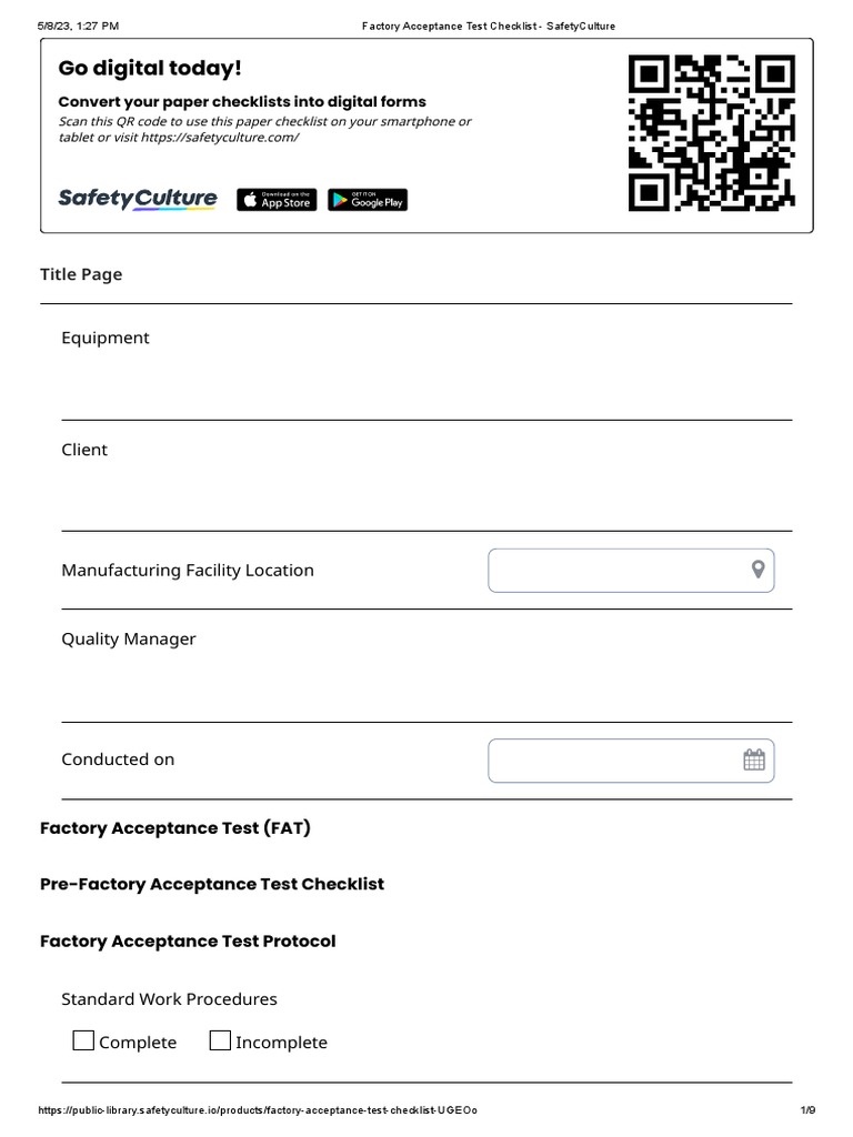 Factory Acceptance Test Checklist - SafetyCulture | PDF | Hazards ...