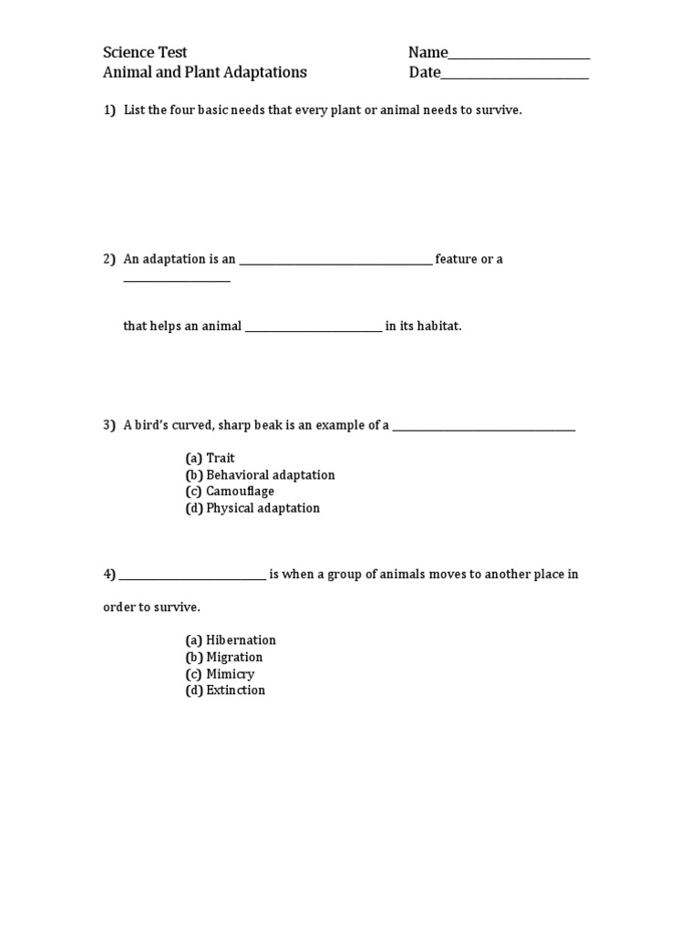Science Test Name - Animal and Plant Adaptations Date | PDF | Science ...