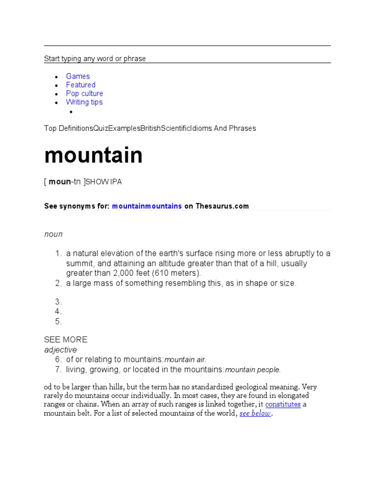 Dictionary Meaning Od Mountain | PDF