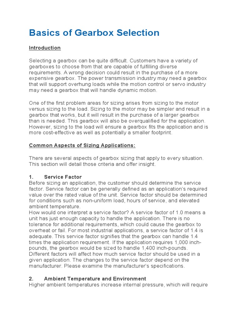 Gearbox Selection Basics Guide | PDF | Electric Motor | Horsepower