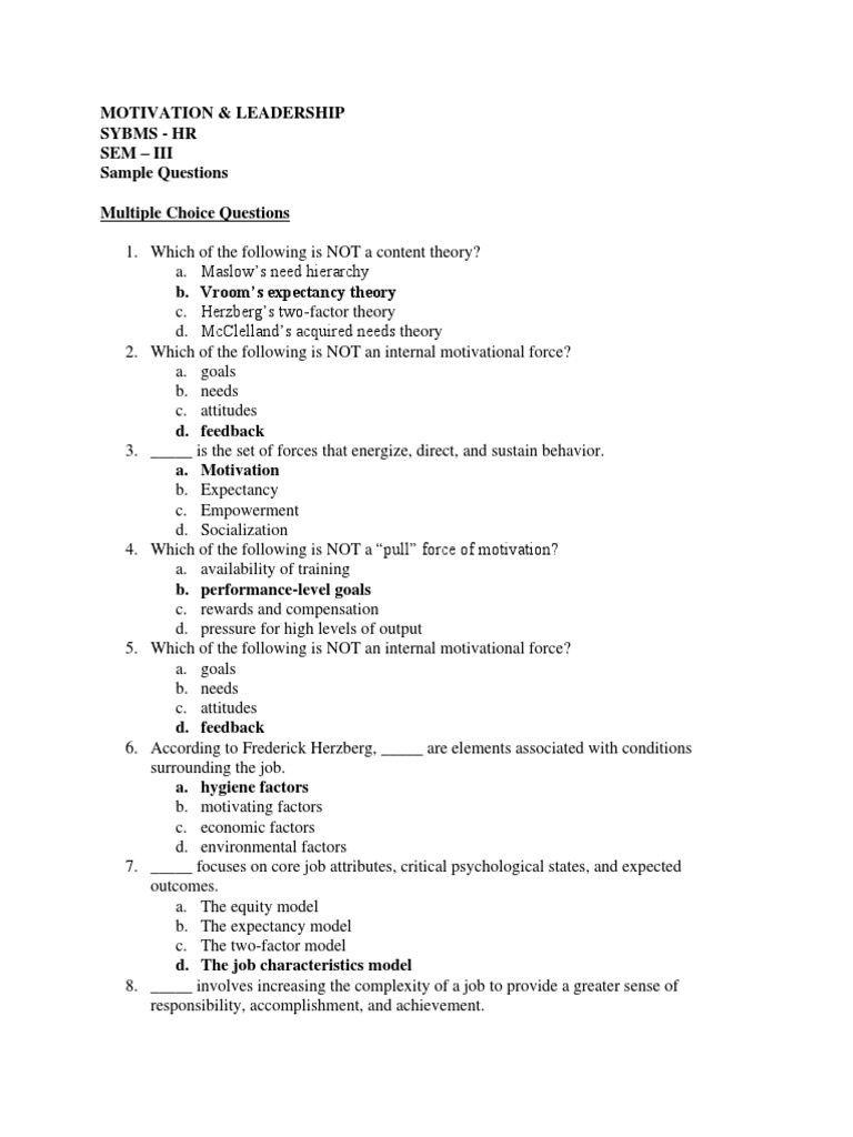 Motivation & Leadership Sybms - HR Sem - Iii Sample Questions Multiple ...