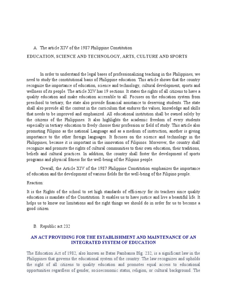 The Article XIV of The 1987 Philippine Constitution | PDF | Teachers ...