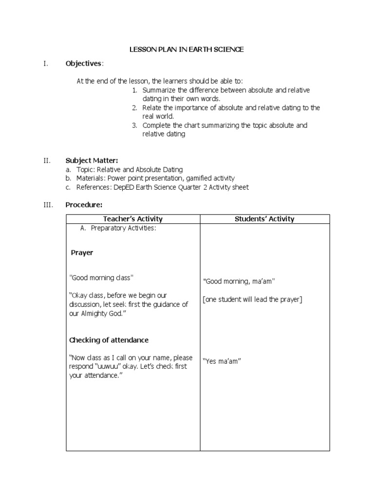 Lesson Plan in Relative and Absolute Dating | PDF | Stratigraphy | Geology