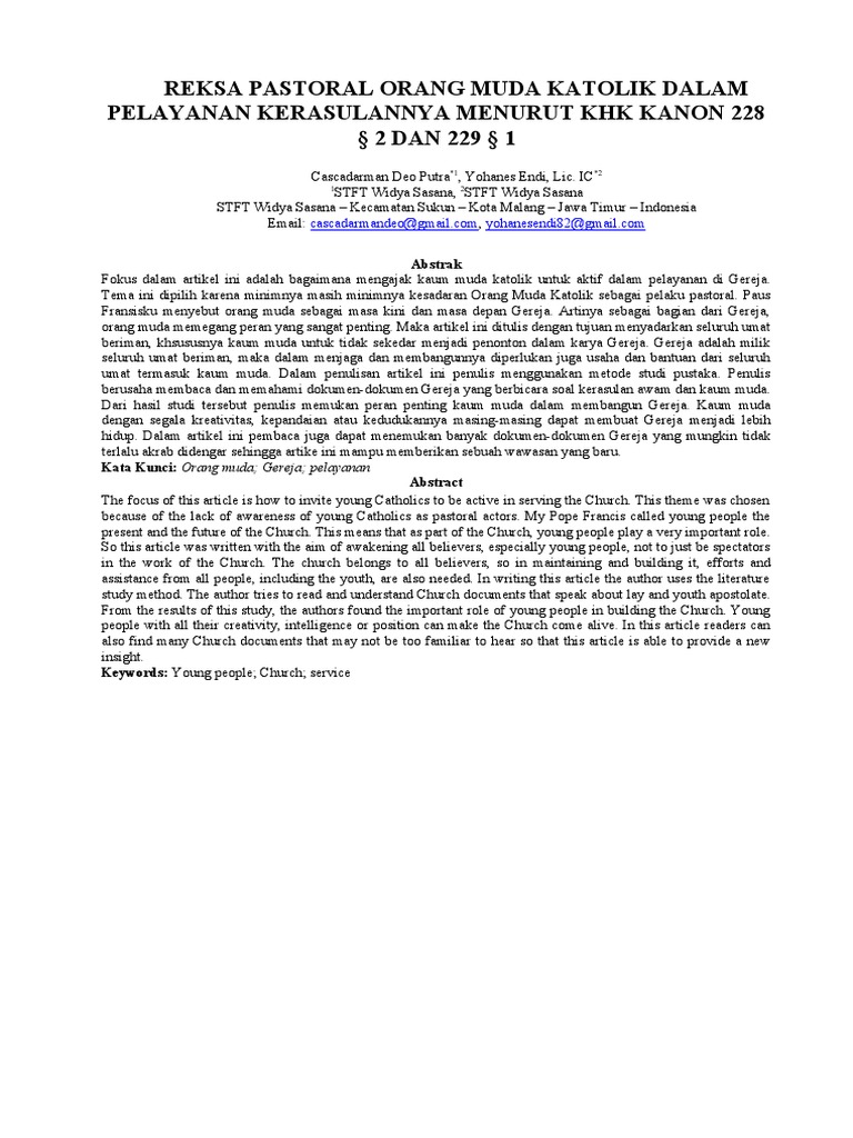 Reksa Pastoral Orang Muda Katolik Dalam Pelayanan Kerasulannya Menurut KHK Kanon 228 2 DAN 229 1 ...