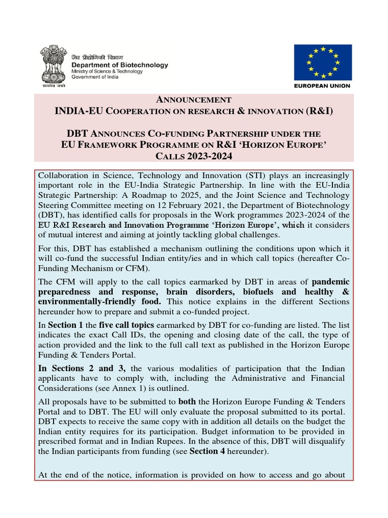 DBT Co-Funding for Horizon Europe Calls | PDF | Institutional Review ...