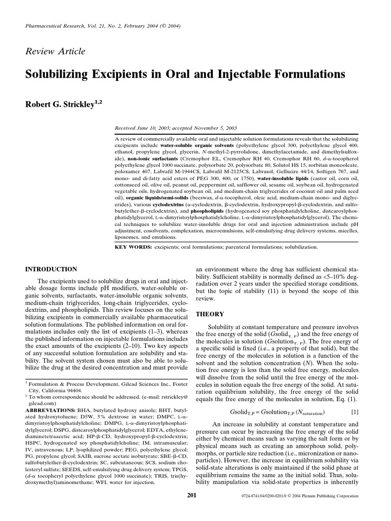 Solubilizing Excipients in Oral and Injectable Formulations | PDF ...