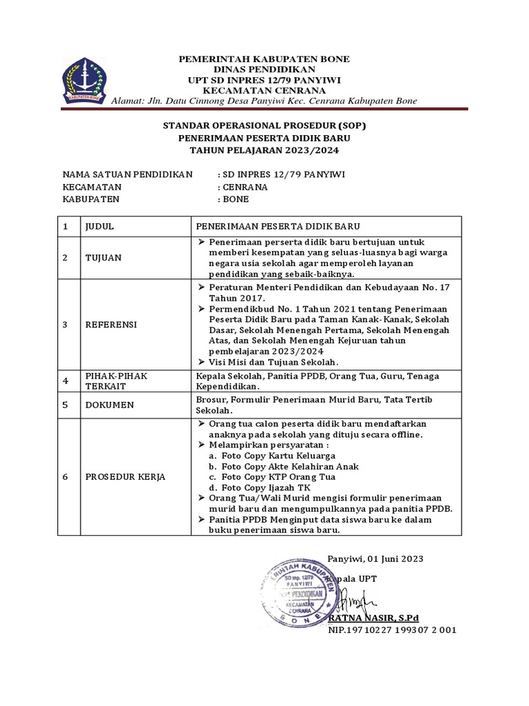 SOP Penerimaan Siswa Baru 2023/2024 | PDF