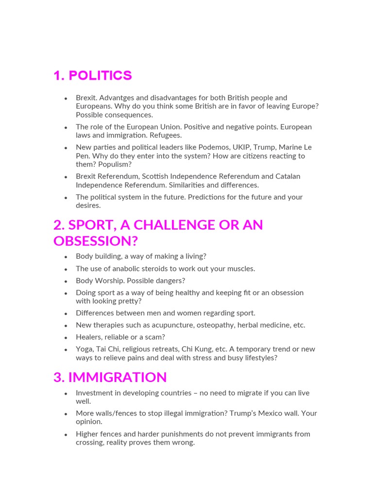 Topics For The Monologues Eoi c1 | PDF | Immigration | Laughter