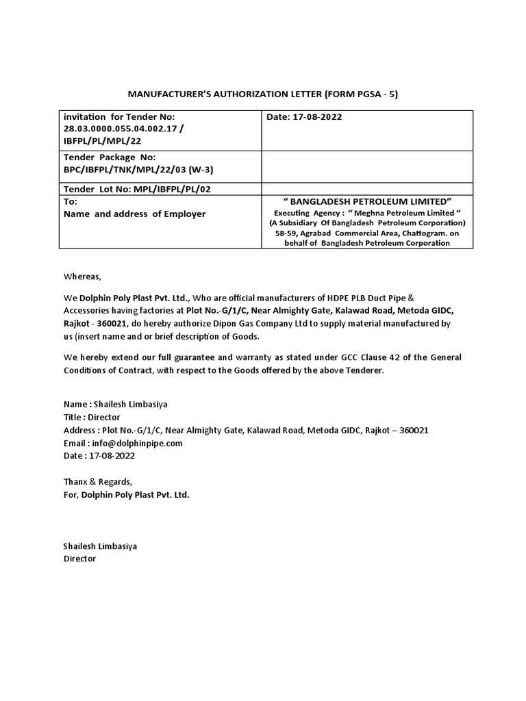 Manufacturer Authorization Letter | PDF