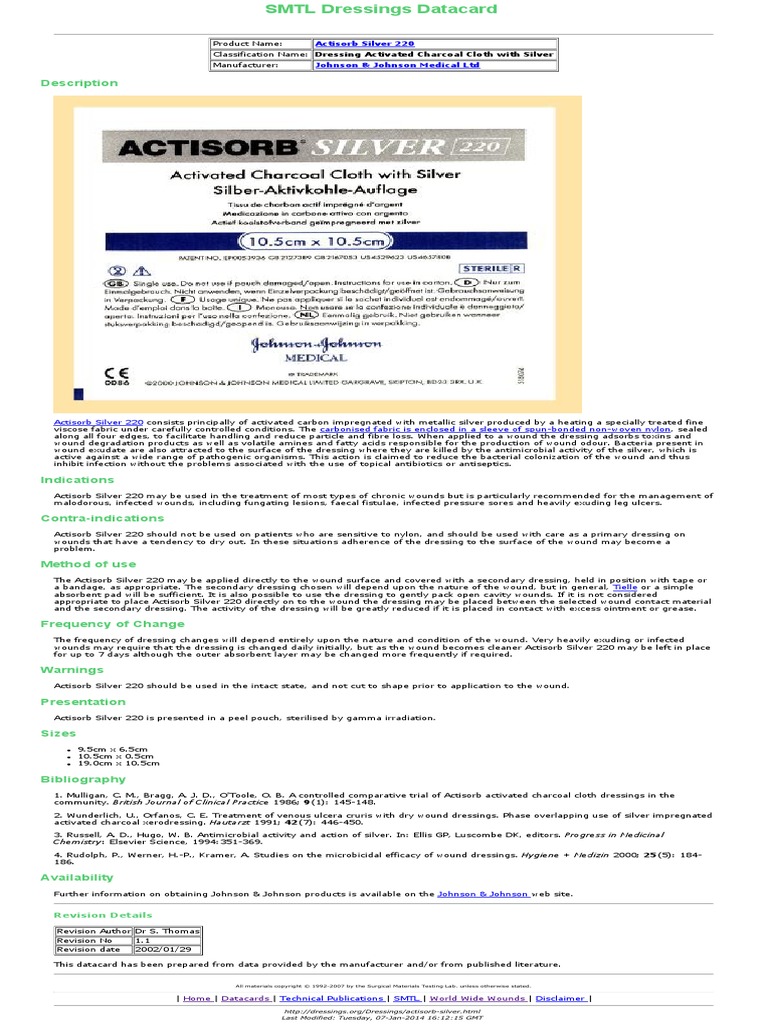 Actisorb Silver 220 Dressings Datacard | PDF | Wound | Medical Specialties