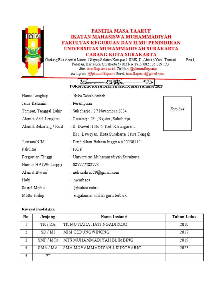 Formulir Data Diri Masta IMM 2023 | PDF