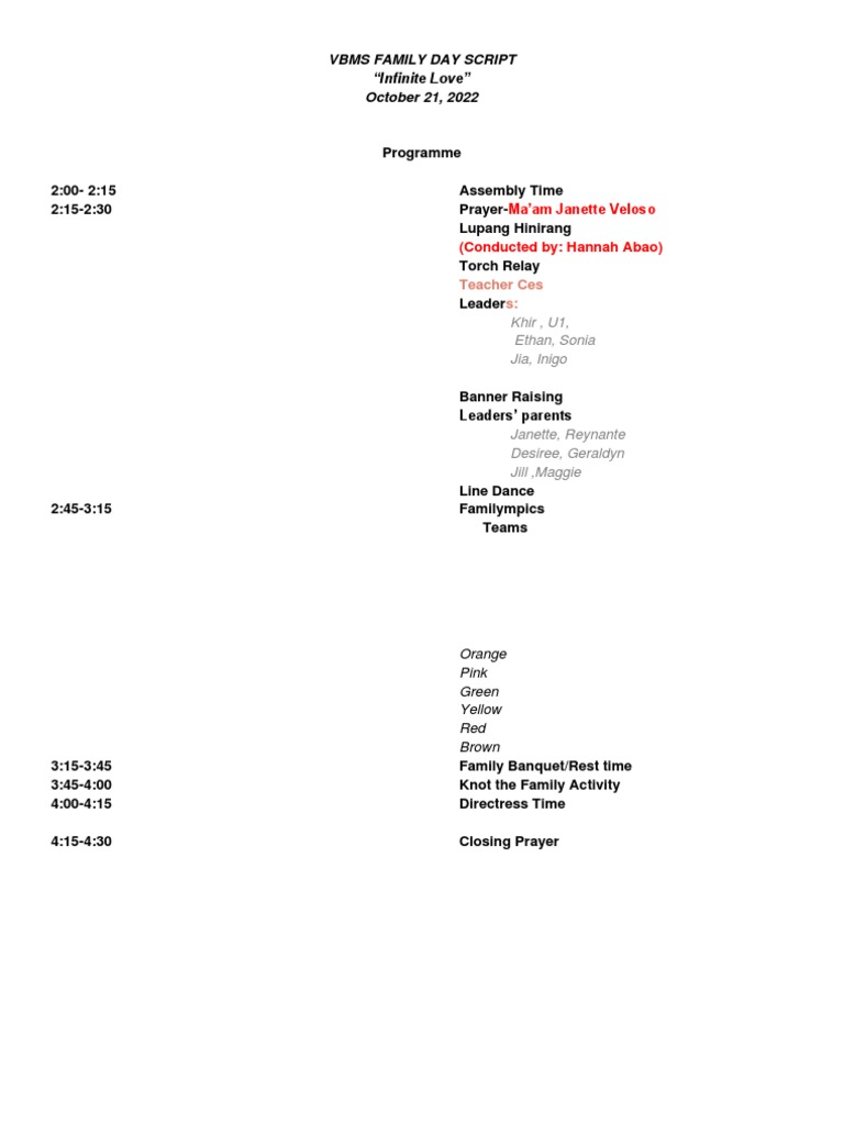 Vbms Family Day Script 2 | PDF