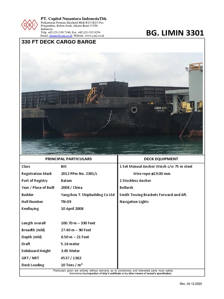 330 FT Deck Cargo Barge Specifications | PDF