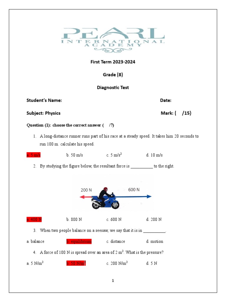 Diagnostic Test - Physics - Grade 8 (Answers) | PDF