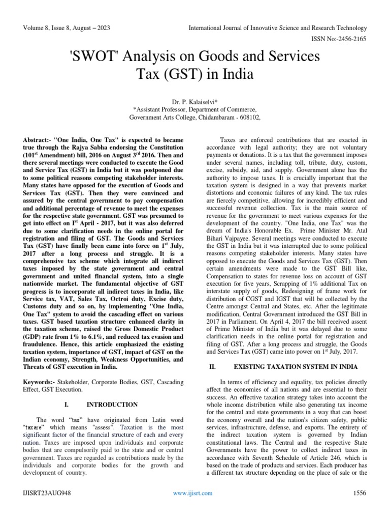 'SWOT' Analysis On Goods and Services Tax (GST) in India | Download ...