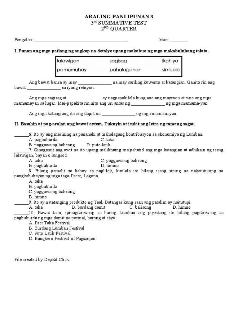 3 Summative Test 2 Quarter: Araling Panlipunan 3 | PDF