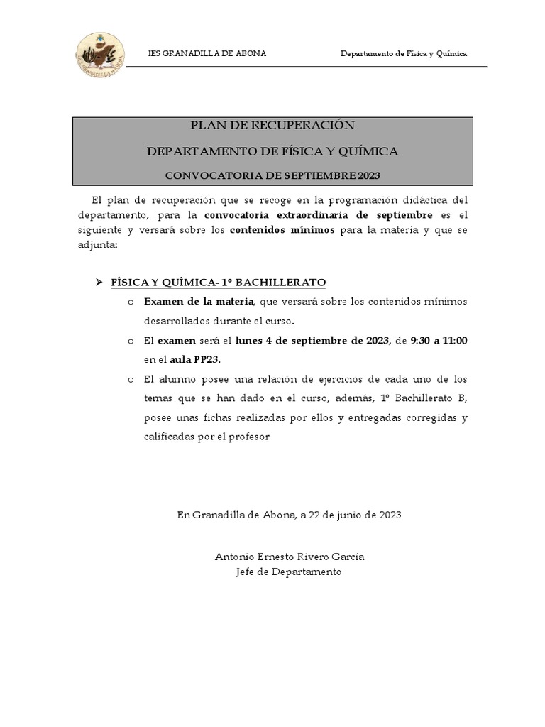 Plan de Refuerzo y Recuperaciã N FÃ - Sica y QuÃ - Mica 1Âº BAC 2022-2023 Alumnos | PDF ...