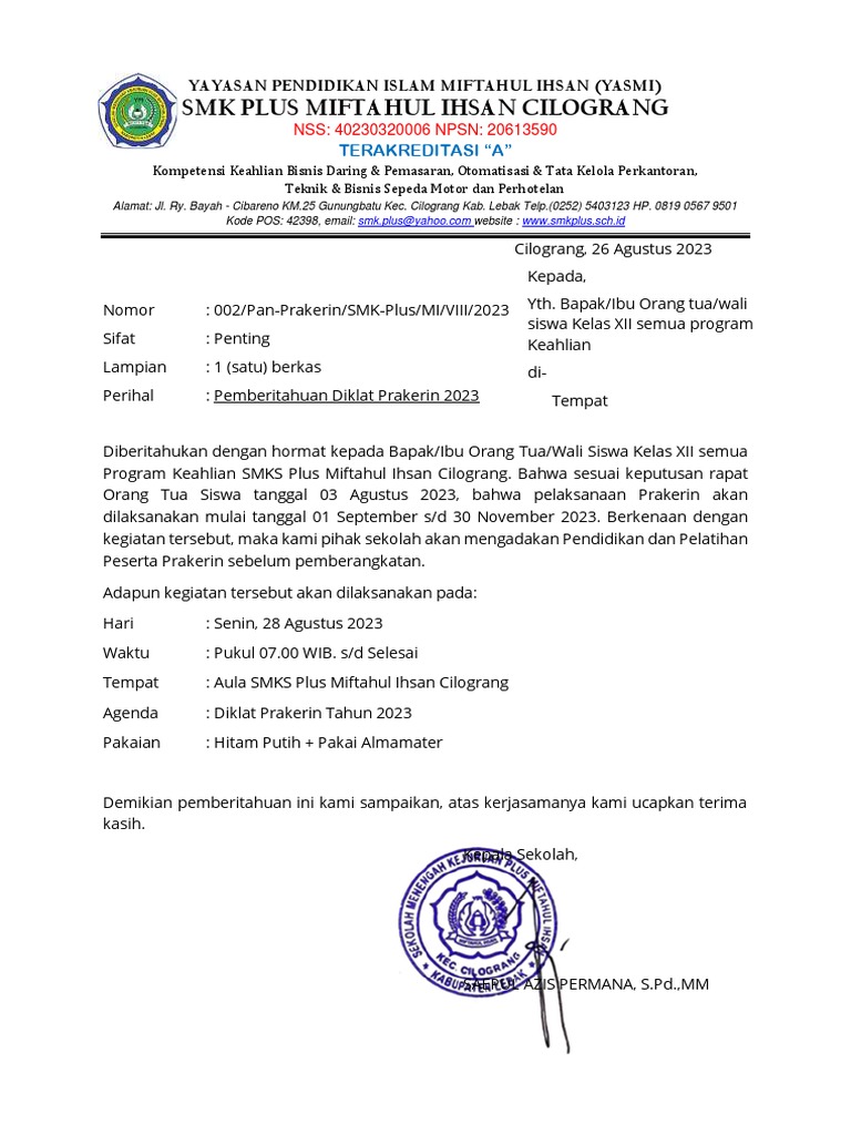 Surat Pemberitahuan Dan Diklat Jadwal Diklat.1 | PDF