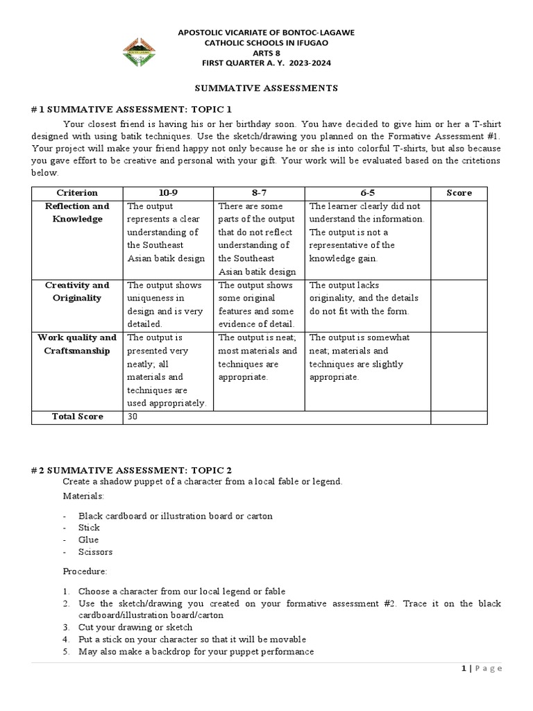 Arts 8 Summative Assessment Q1 | PDF