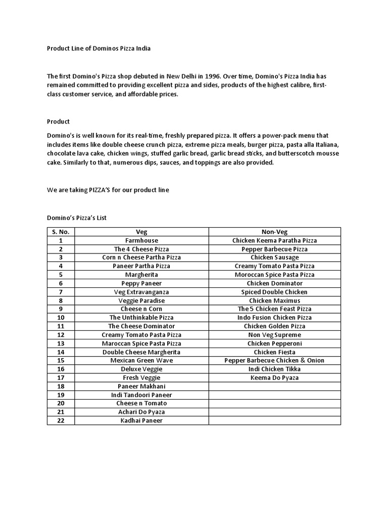 Product Line of Dominos Pizza India | PDF