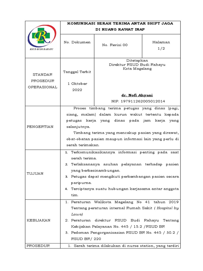 Spo Komunikasi Serah Terima Antar Shift Jaga Di Ruang Ranap | PDF