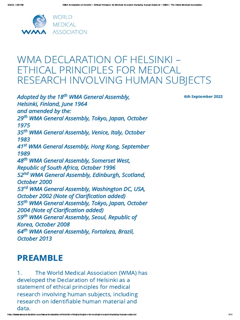 Helsinki Declaration: Ethical Research Principles | PDF | Informed Consent | Risk