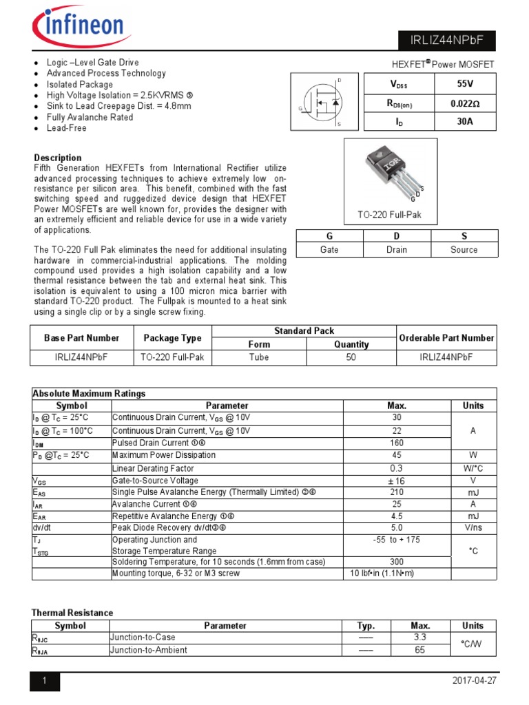 Infineon IRLIZ44N DS v01 - 02 EN | PDF | Field Effect Transistor | Mosfet