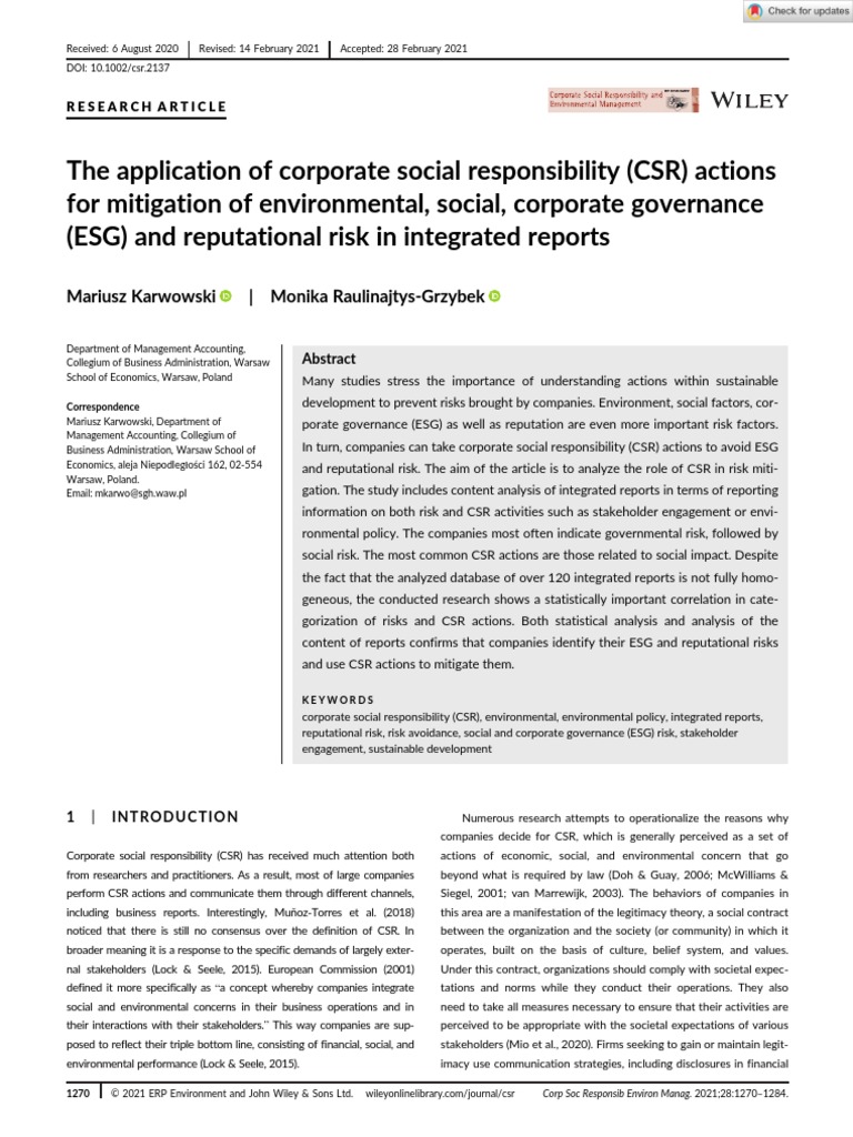 KARWOWSKI & GRZYBEK. The Application of Corporate Social Responsibility ...