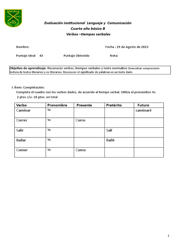 Prueba de Verbos y Tiempos Verbales 4° Básico | PDF | Verbo | Gramática