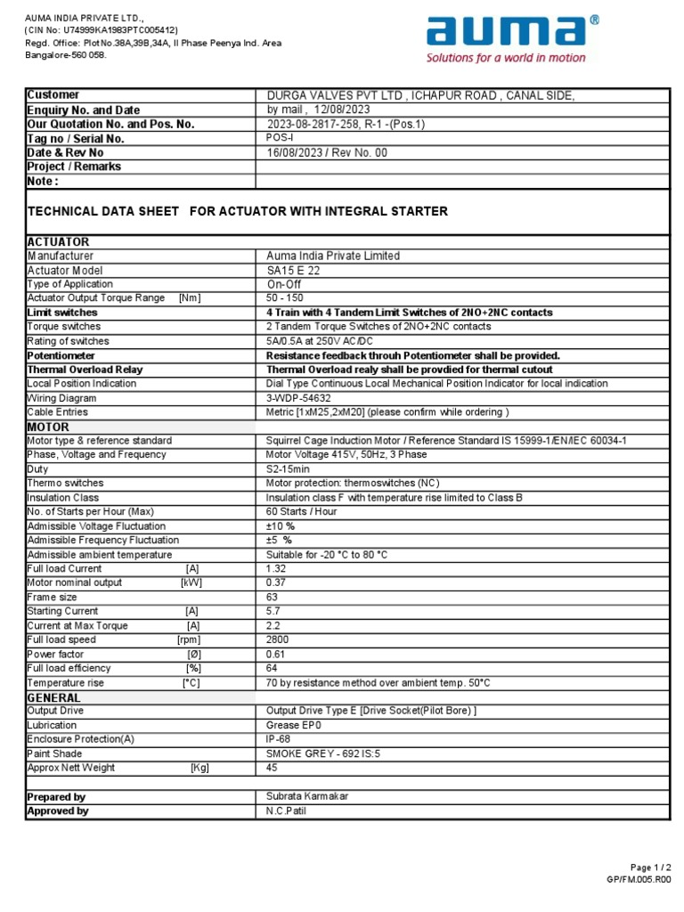 Auma Actuator Technical Data Sheets | PDF
