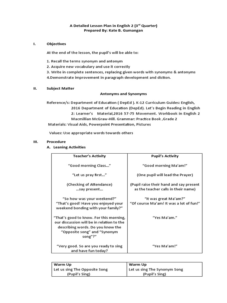 A Detailed Lesson Plan in English 2 | PDF | Lesson Plan | Human ...