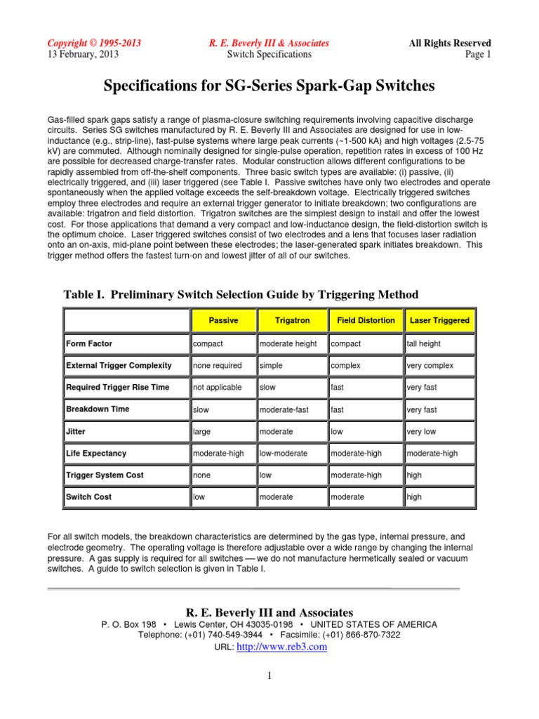 Specifications For Spark-Gap Switches | PDF | Switch | Materials Science
