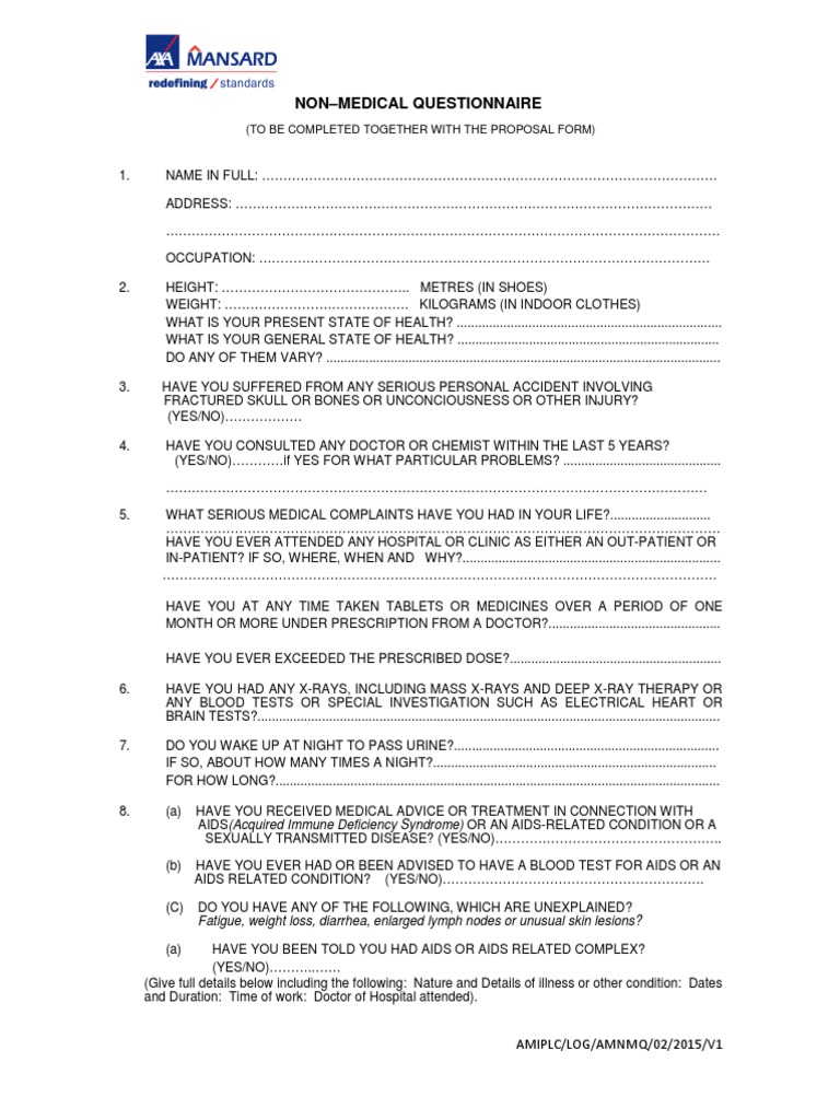 Non-Medical Questionnaire Form | PDF | Hiv/Aids | Indigestion